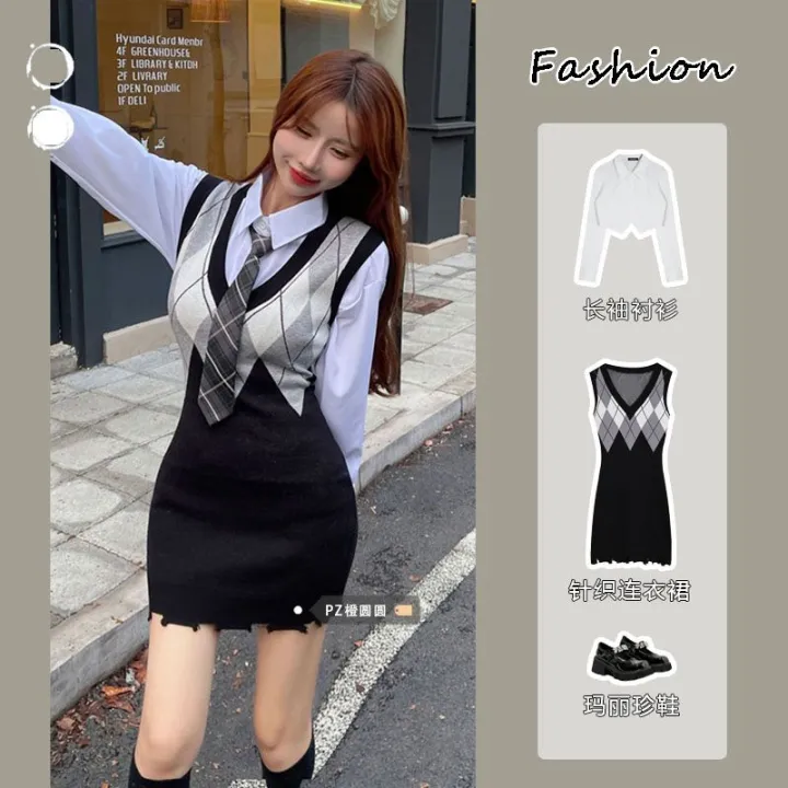 วิทยาลัยสไตล์ R Hombus เสื้อกั๊กสะโพกชุดใหม่ลายสก๊อตผูกเสื้อแขนยาว2ชิ้น ...