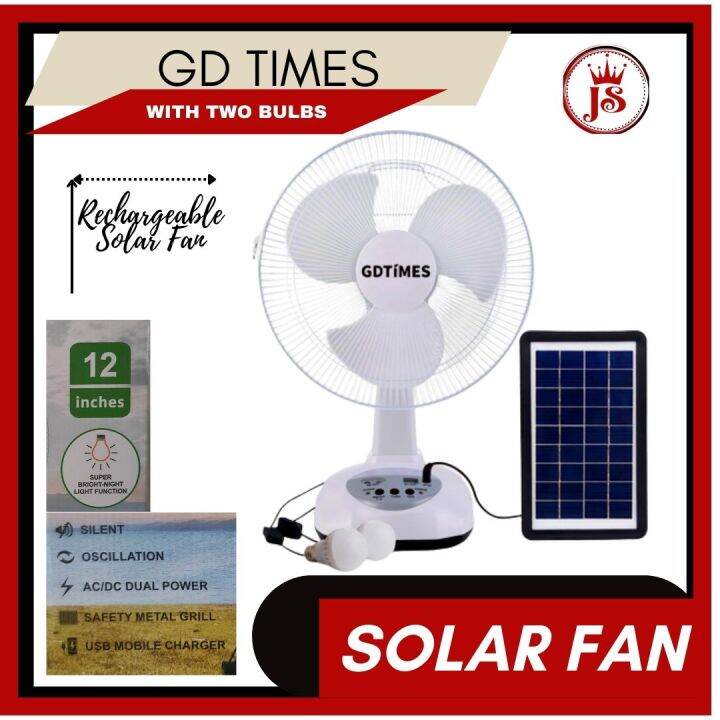 GDTimes Solar Fan 12inches Desktop Solar Fan With Bulb | Rechargeable Fan | Multi-function ...