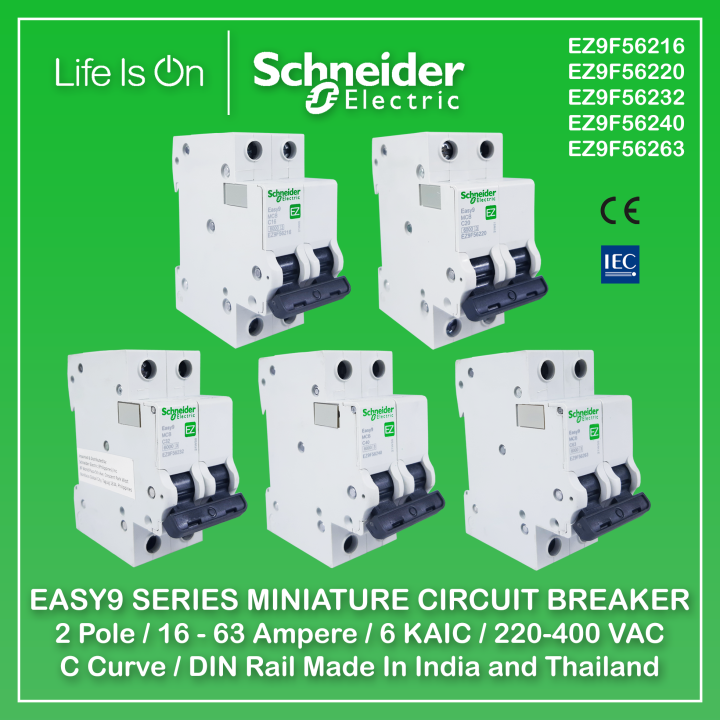 Schneider Electric Easy9 Series Miniature Circuit Breaker 2 Pole 16A-63A Curve C DIN Rail 6KAIC ...