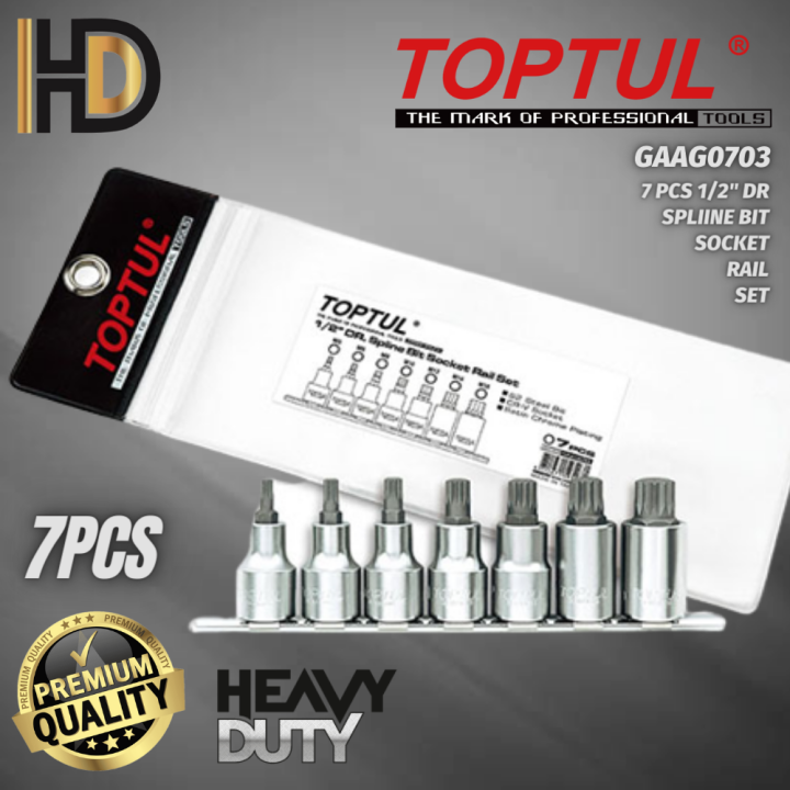 TOPTUL 7 Pcs 1/2" DR Spline Bit Socket Rail Set / Heavy Duty Spline Bit ...