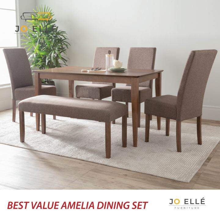 Jo ELLE – Amelia Dining Set (1+4+Bench) / 1.5M Dining Table + Chair + Bench / Meja Makan Set / 4 ...