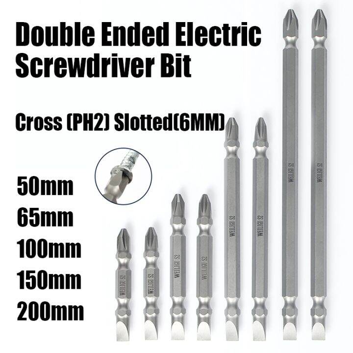 50mm 200mm Double Ended Electric Screwdriver Bit Magnetic Slotted 6mm Cross PH2 Double Head ...