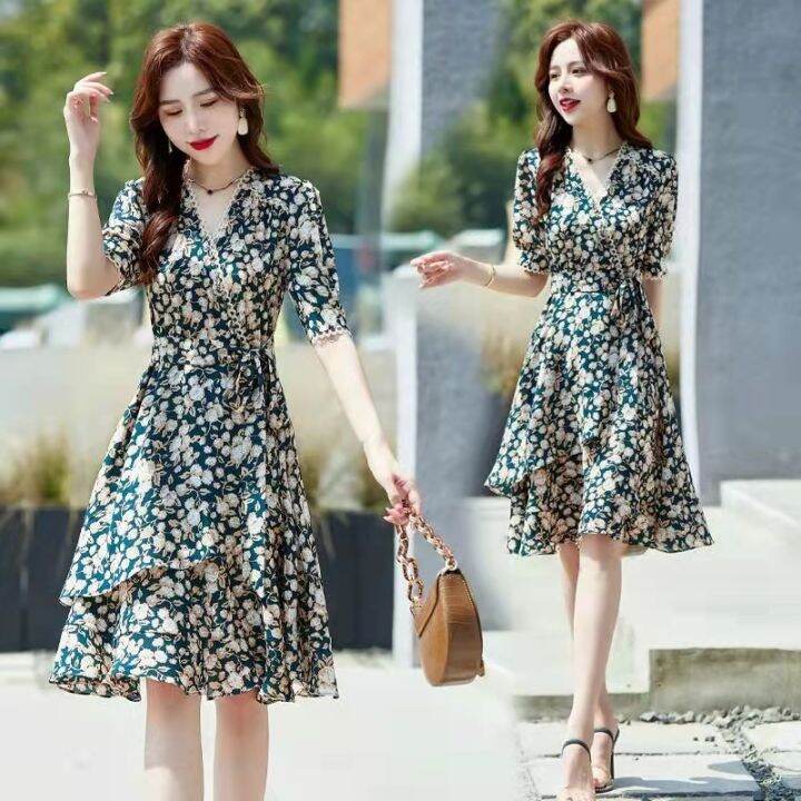 dress bunga/dress bunga korea/2022 baru gaun sifon bunga kecil V-neck ...