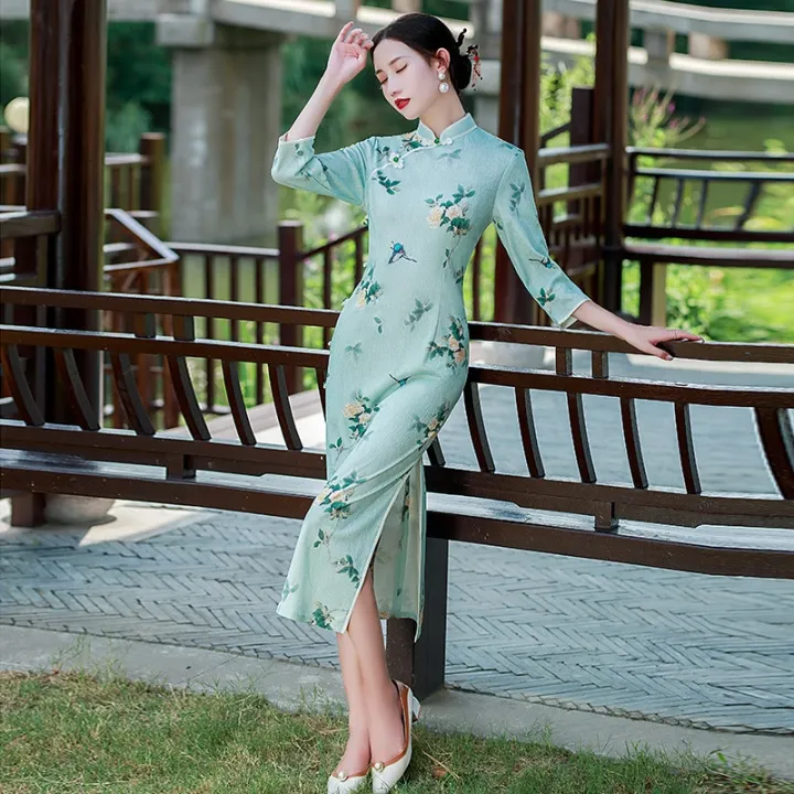The new 2022 Chinese wind improved qipao dress old Shanghai shows long ...