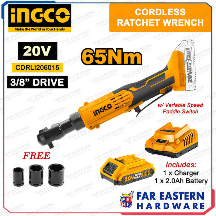 INGCO Cordless Ratchet Socket Wrench 3/8" Drive w/ Battery & Charger ...