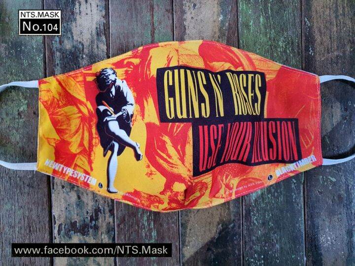 No.104 GNR GUN N' ROSES ผ้าปิดปาก หน้ากากผ้า NTS.MASK มีช่องใส่ฟิลเตอร์ 3ชั้น มีไซส์ มาตราฐาน 8 ...