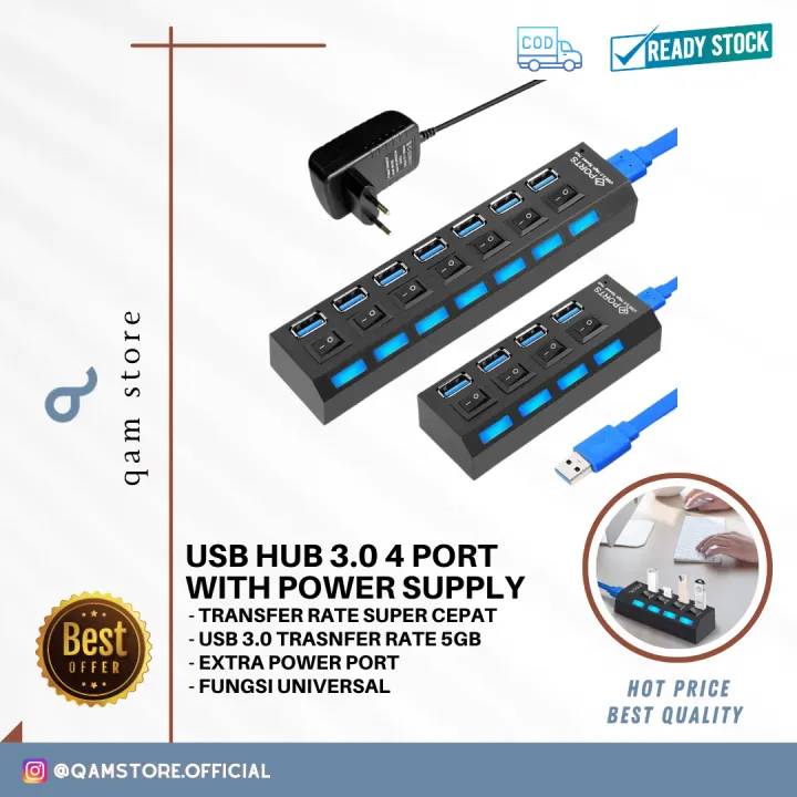 QAM - USB Hub 3.0 4 Port with Power Supply Sambungan USB Banyak Colokan ...