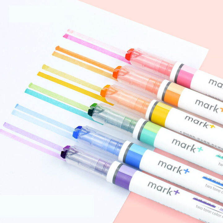 Huankai- 6pcs/pack Double Color Double Line Highlighter Pen Study ...