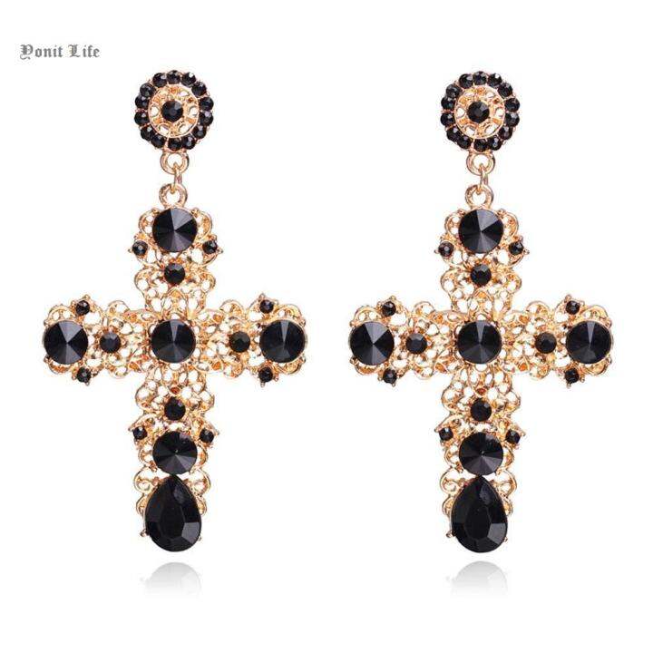 YONIT ปาร์ตี้โอ้อวดผู้หญิงห้อยยาวสีชมพูดำเครื่องประดับไม้กางเขนต่างหู ...