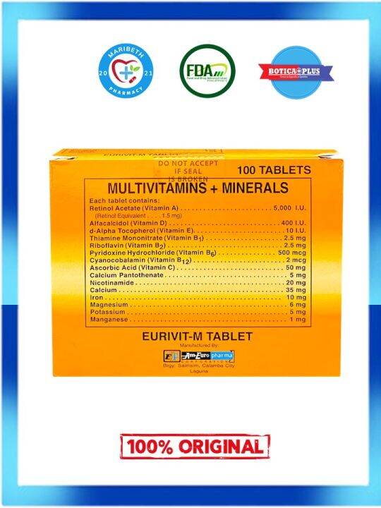 MULTIVITAMINS+MINERALS TABLET (EURIVIT-M) 100'S | Lazada PH