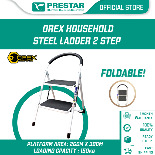 PRESTAR MHE Orex 2 Steps Ladder up to 150kg 26 x 38 cm Anti-Slip Platform Foldable Ladder ...