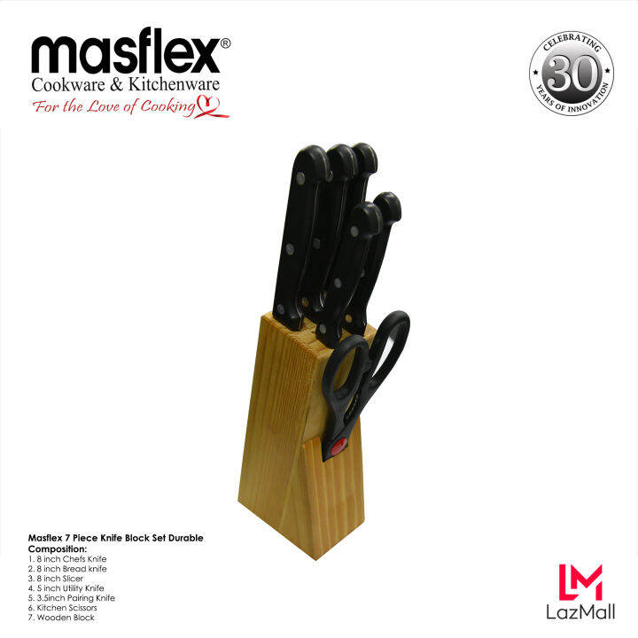 Masflex 7 Piece Knife Block Set Stainless Steel and Polypropylene (PP ...