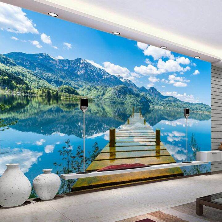 ที่กำหนดเอง3d วอลล์เปเปอร์ธรรมชาติทิวทัศน์ท้องฟ้าสีฟ้าสะพานไม้ทะเลสาบ