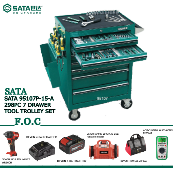 SATA 95107P-15-A 298pc 7 Drawer Tool Trolley Set + Devon Tools | Lazada