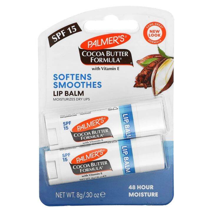 Palmers Cocoa Butter Formula Lip Balm SPF 15, Softens Smoothes, 2 Pack ...