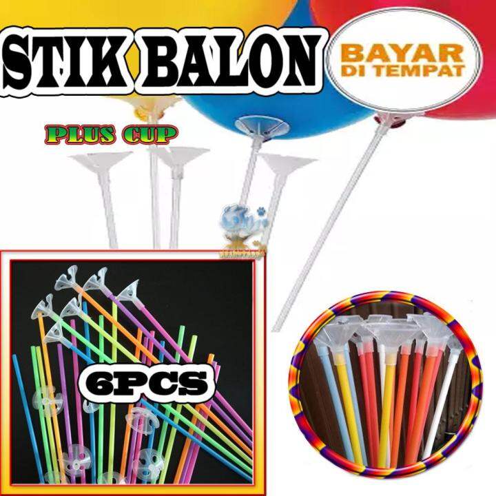 ( 6 PCS ) Stik balon plus cup gagang balon tangkai balon bisa digunakan ...
