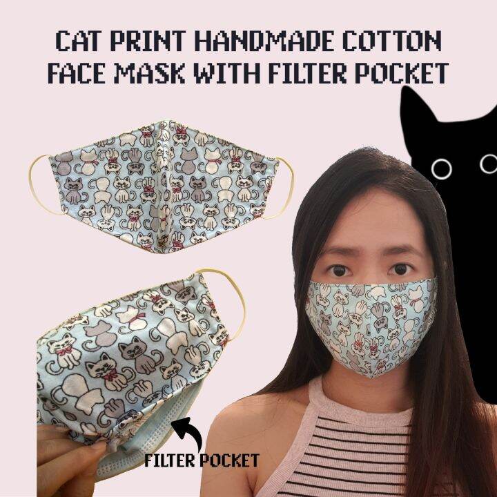 Fully Cover Washable Handmade Cat Printed Cotton Face Mask with filter ...