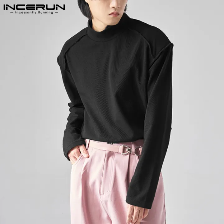 INCERUN เสื้อยืดถักแขนยาวคอสูงสำหรับผู้ชายเสื้อใส่สบายสไตล์ลำลอง (ลด ...