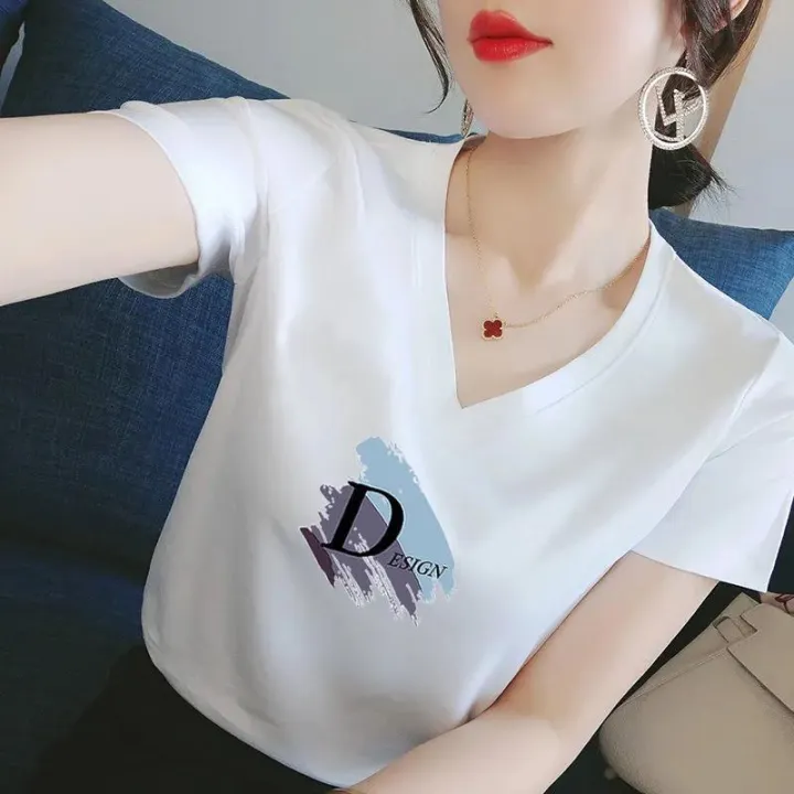 ULD-ราคาจำกัดเวลา ผู้หญิงผ้าฝ้ายคอวีแขนสั้นฤดูร้อนแฟชั่นใหม่หลวมเสื้อ ...