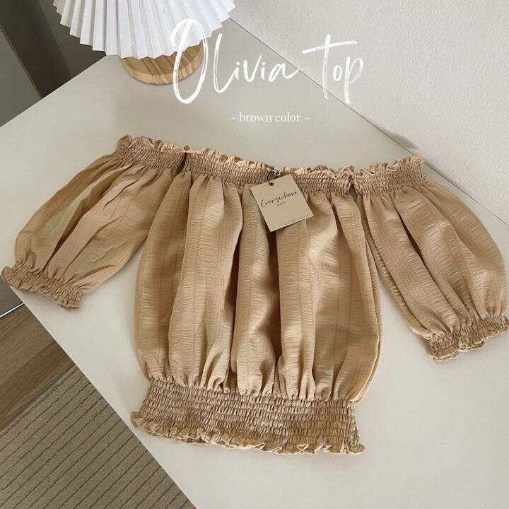 🧁Olivia crop เสื้อครอปเกาะอก จั้มแขน เสื้อเปิดไหล่ เสื้อไปทะเล | Lazada ...