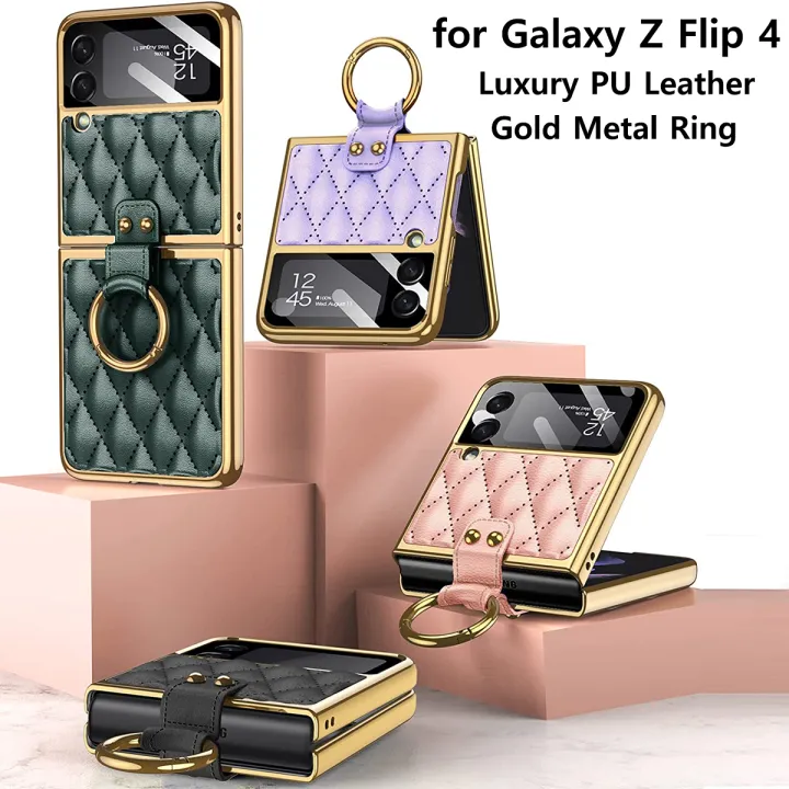 YQODSZ for Galaxy Z Flip 4 Ring Stand Case, Luxurious PU Leather Cover Case with Back Screen ...