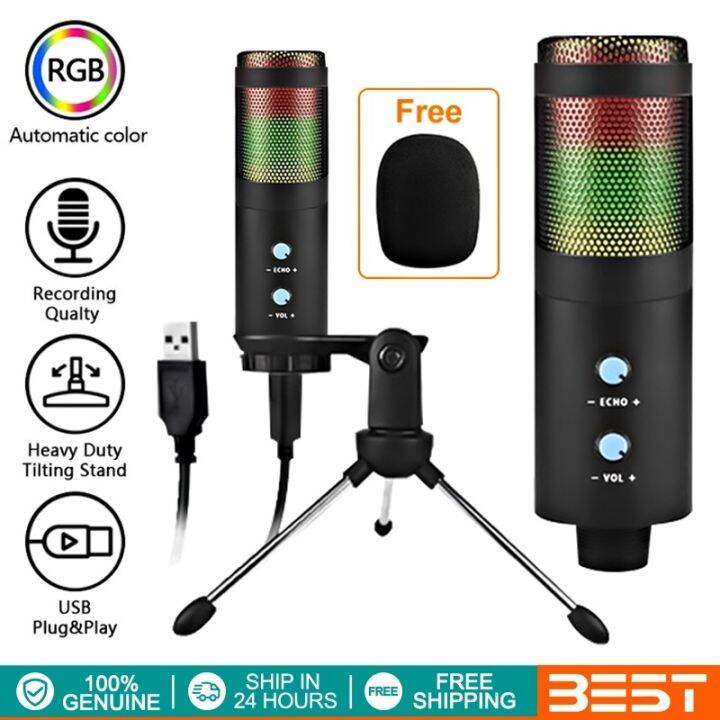 RGB USB Professional Microphone Condenser Gaming Mic Noise Cancellation ...