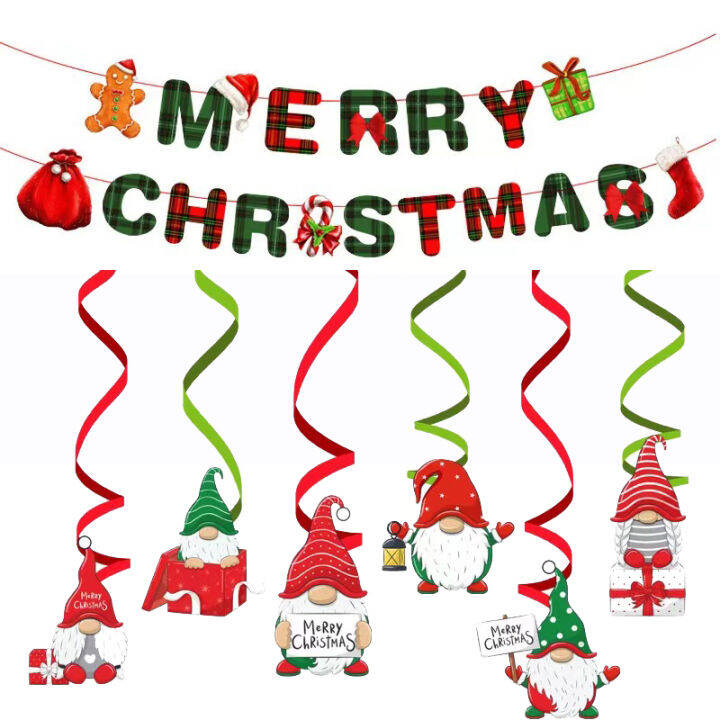 Merry Christmas Banner Xmas Hanging Banner Plaid Spiral Strip Ornaments ...