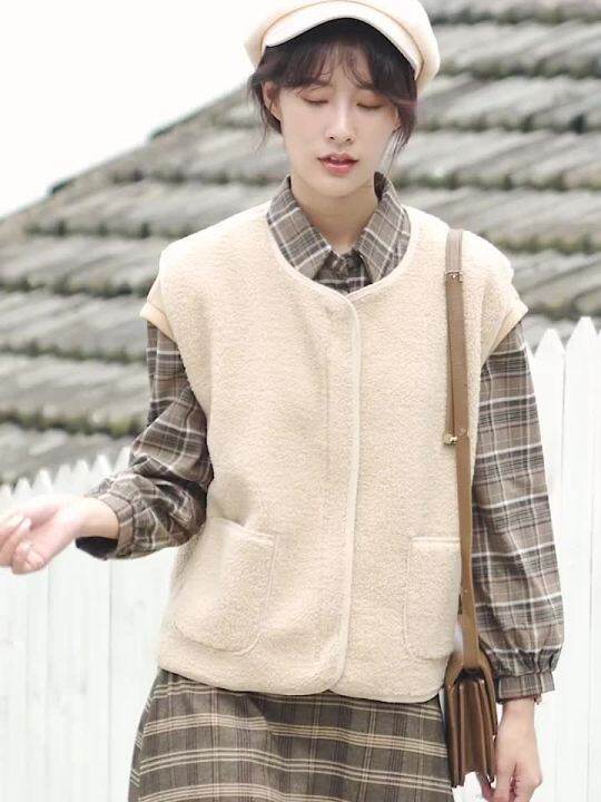 HJGH เสื้อกั๊กขนแกะผู้หญิง 2023 เสื้อกั๊กเสื้อกั๊กทรงหลวมขนสั้นสไตล์ ...