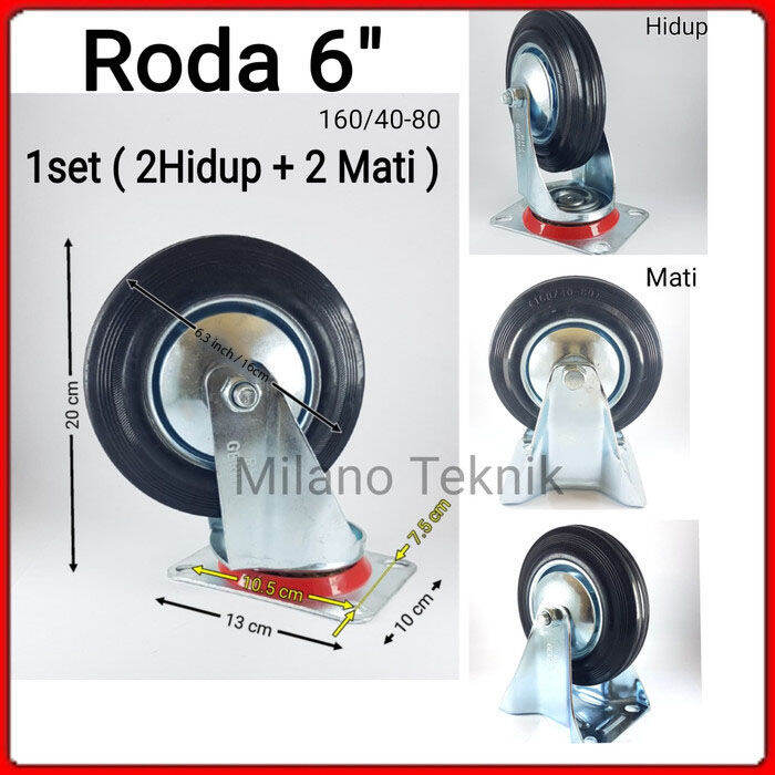 Roda Troli 6 1Set (2hidup+2mati) Roda Karet / Roda Troly / Roda Gerobak ...