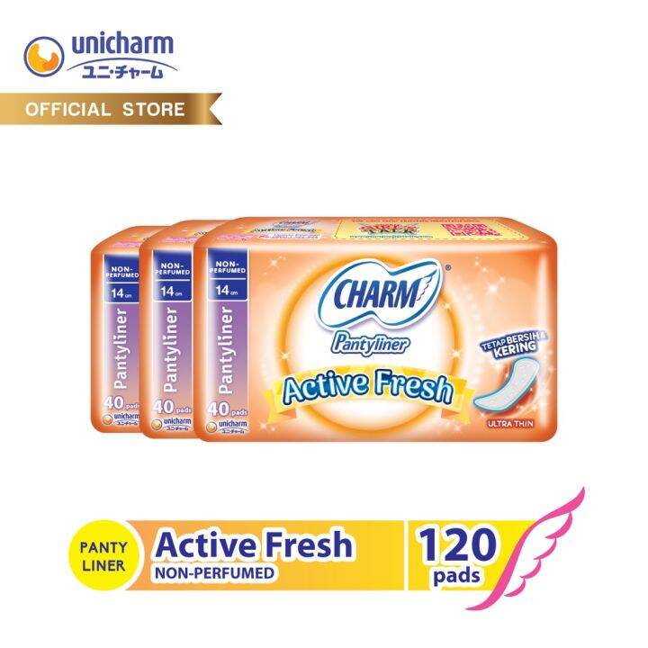 CHARM Pantyliner Pure Style Active Fresh Non Perfumed 40 pads - 3 pack ...