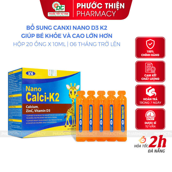 CANXI NANO D3K2 gluconat mk7 Hộp 20 ống nhựa - canxi hươu cao cổ cho bé bổ sung calci tăng chiều ...