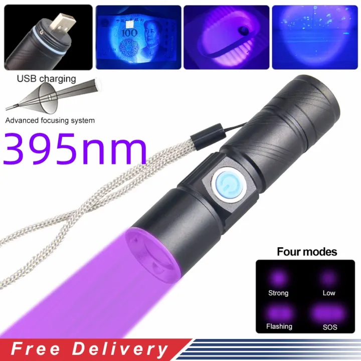 395nm UV Lamp USB Rechargeable Ultraviolet Flashlight 3 Mode Powerful ...