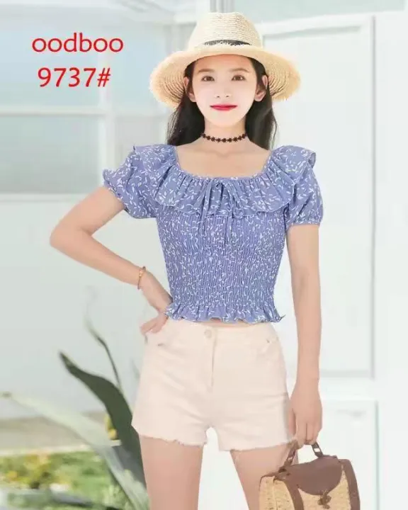 W*G #9737 New Off Shoulder Garterized Puff Croptop Leaves Design ...