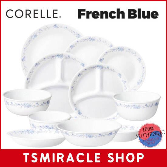 CORELLE French Blue คอลเลกชันอุปกรณ์ในการรับประทานอาหารแบบเกาหลี จานกลม ...