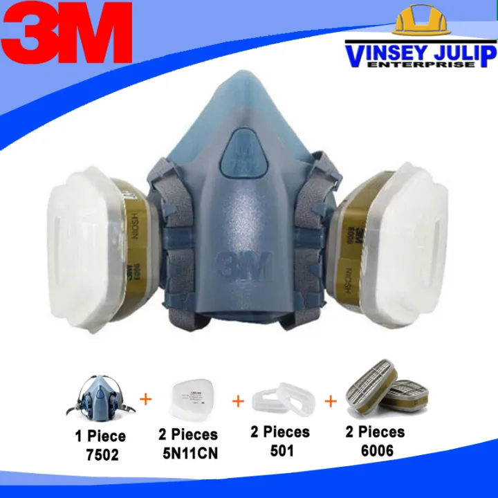 [7 in 1] 3M 7502 Respirator with 3M 6006 Multi Gas Cartridge, 3M 501 ...