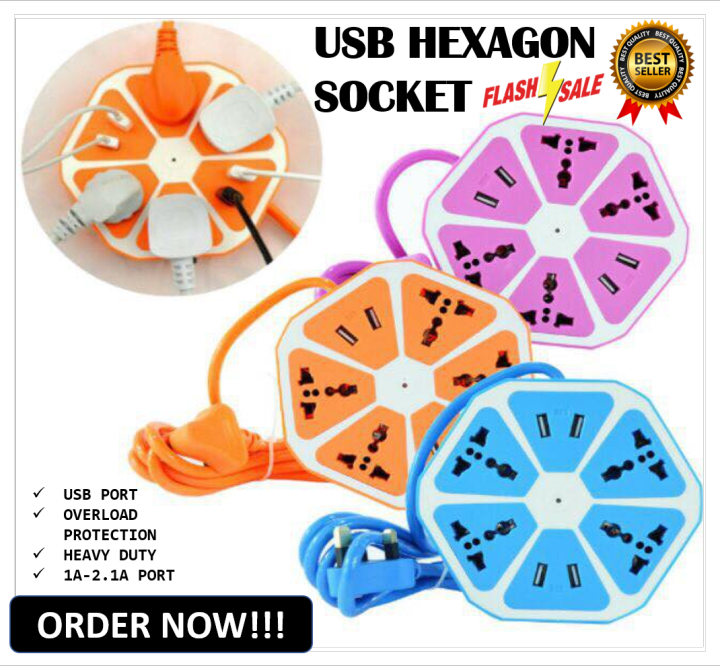 Heavy Duty Hexagon Extension Cord With Multi-Sockets & 2 USB Ports ...