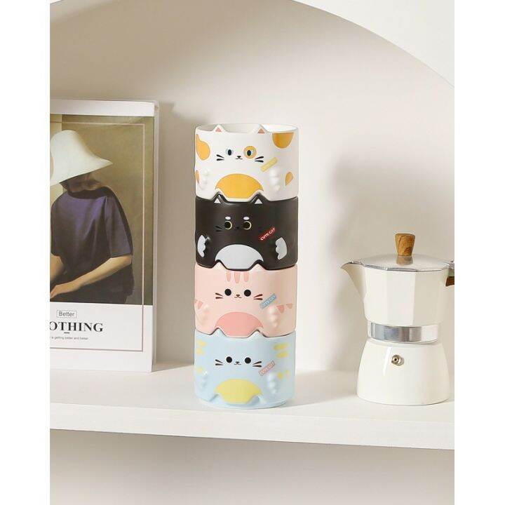 Cartoon cat ceramic mugs creative relief stack cup | Lazada PH