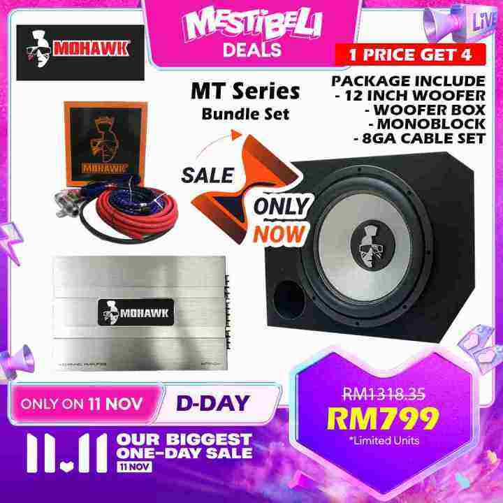 MESTI BELI MOHAWK MT SERIES MT-124 12 inch Subwoofer 250 Max Power Woofer + MT500.1 Monoblock ...