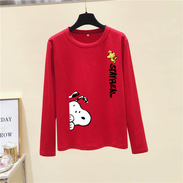 Women Long Sleeve T-shirt Classic Cartoon Snoopy Stayreal Couple Tops ...