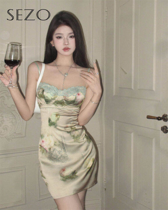 Sezo Korean Sexy Lace Printed Split Suspender Dress For Woman Lazada Ph