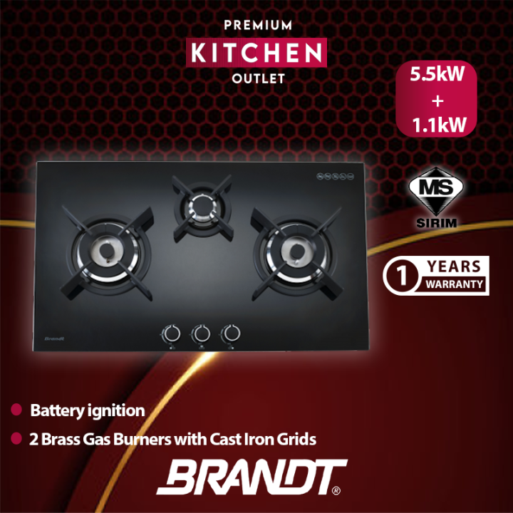 BRANDT 3 Burners Built-In Gas Hob Tempered Glass Thermocouple Safety ...