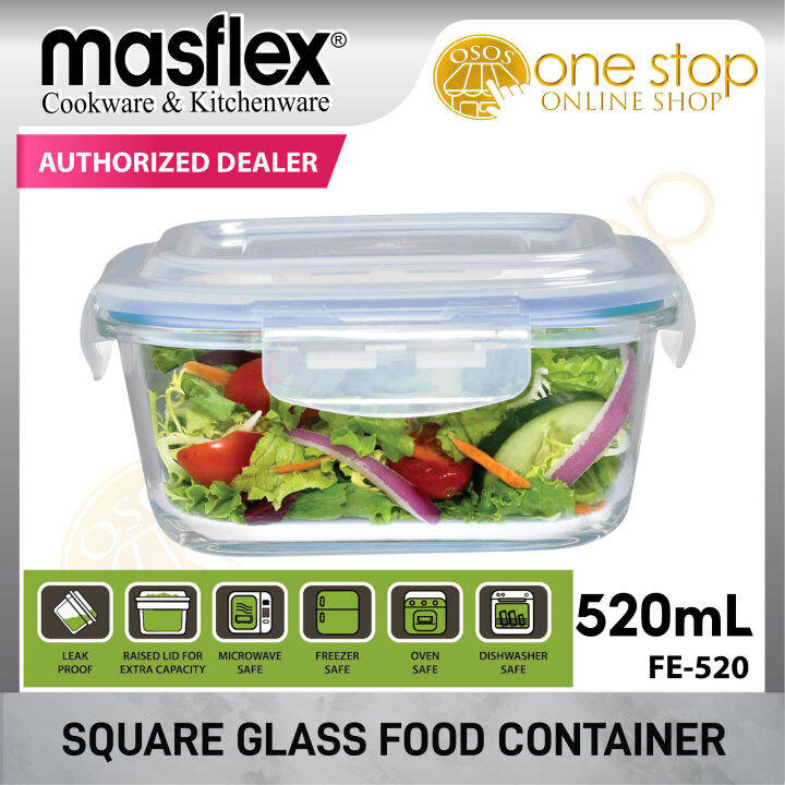 Masflex Original 520 ml Square Borosilicate Leak Proof Glass Food Container 100% Hygienic and ...