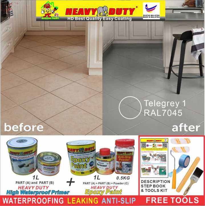 / FULL SET Epoxy Floor Coating HEAVY DUTY ( FREE Tool Set +1L PRIMER WATERPROOF+1L EPOXY + 0.5KG ...