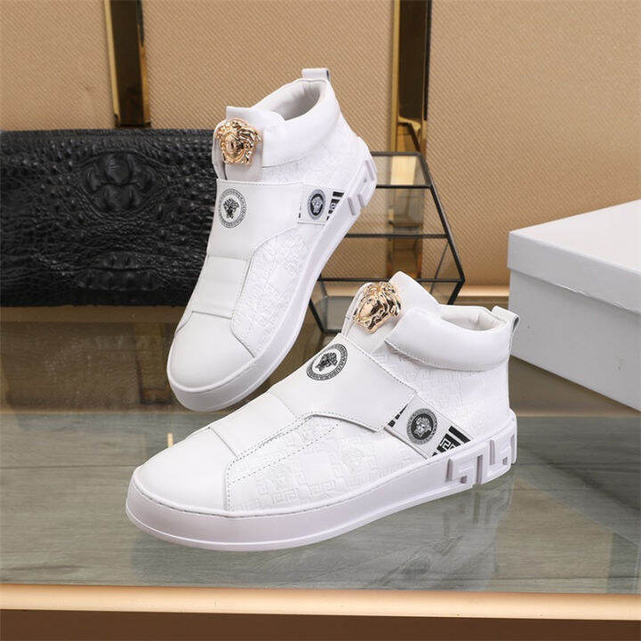 คุณภาพสูง Original Versaces รองเท้าผู้ชาย High Top รองเท้าผ้าใบผู้ชายของแท้หนัง Vintage Medusa