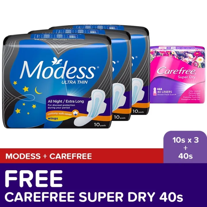 Modess Ultra Thin All Night Sanitary Napkins 10s x 3 FREE Carefree ...