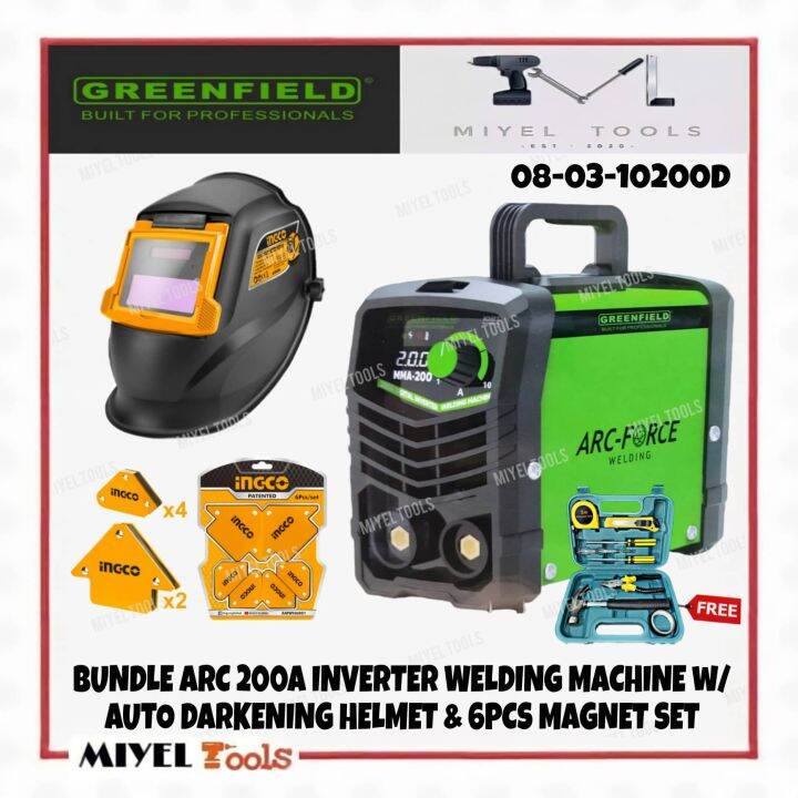 GREENFIELD 200A ARC Welding Machine w/ Auto Dark Welding Helmet & 6Pcs ...