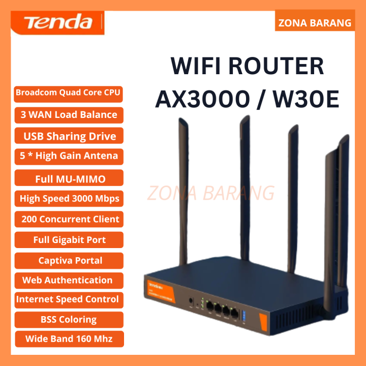 WIFI ROUTER TENDA W30E AX3000 GIGABIT 3 WAN PORTAL OFFICE CAFE 2G 5G ...