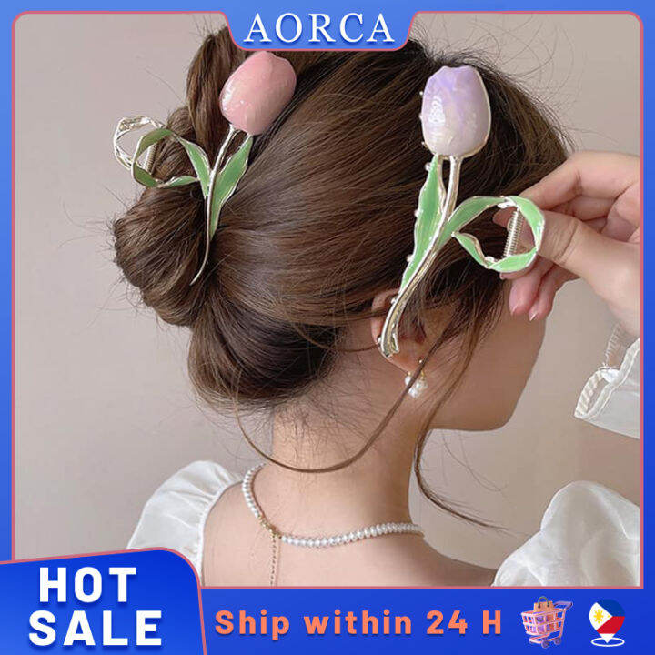 Elegant Tulip Flower Metal Hair Clips for Women Enamel Headdress Non ...
