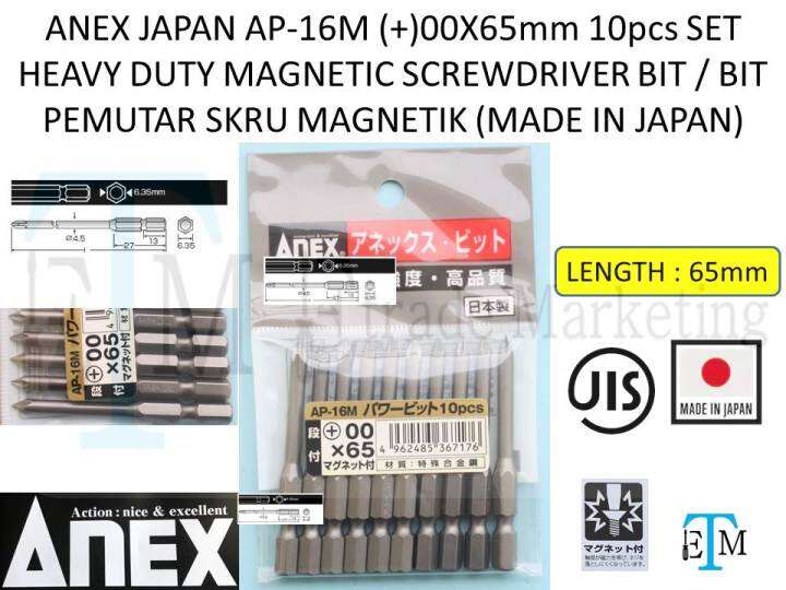 ANEX JAPAN AP-16M (+)00X65mm 10pcs SET HEAVY DUTY MAGNETIC SCREWDRIVER BIT / BIT PEMUTAR SKRU ...