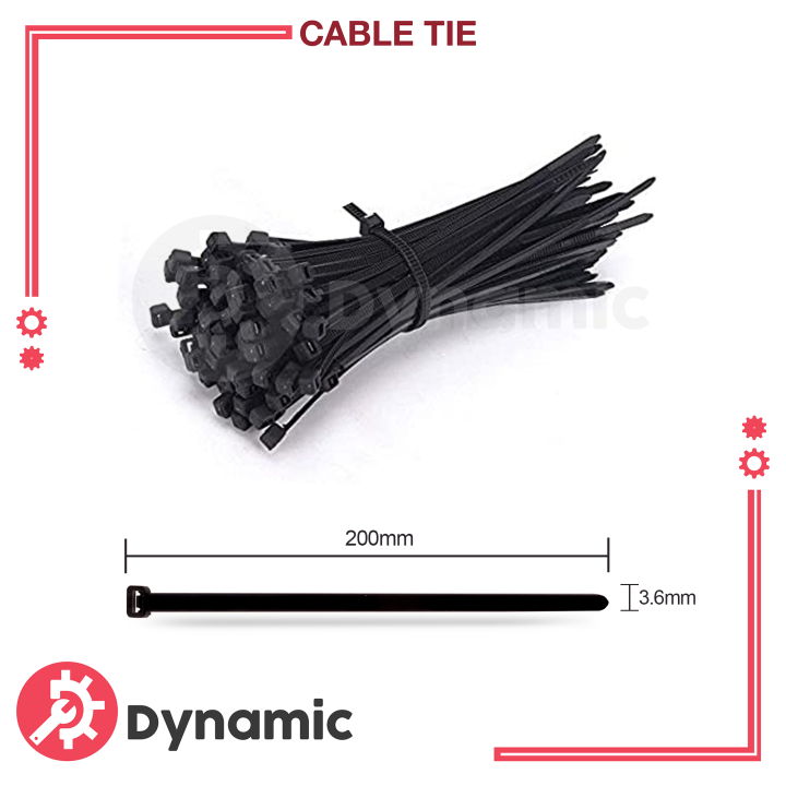 Dynamic Nylon Cable Tie 3.6mm x 200mm ( 8 inches ) Black Zip Tie Wire ...
